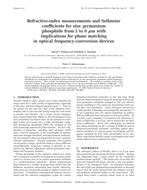 (PDF) Refractive-index measurements and Sellmeier coefficients for zinc ...