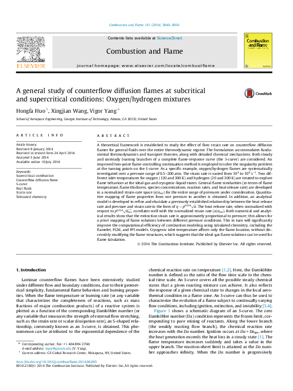 (PDF) A general study of counterflow diffusion flames at subcritical ...
