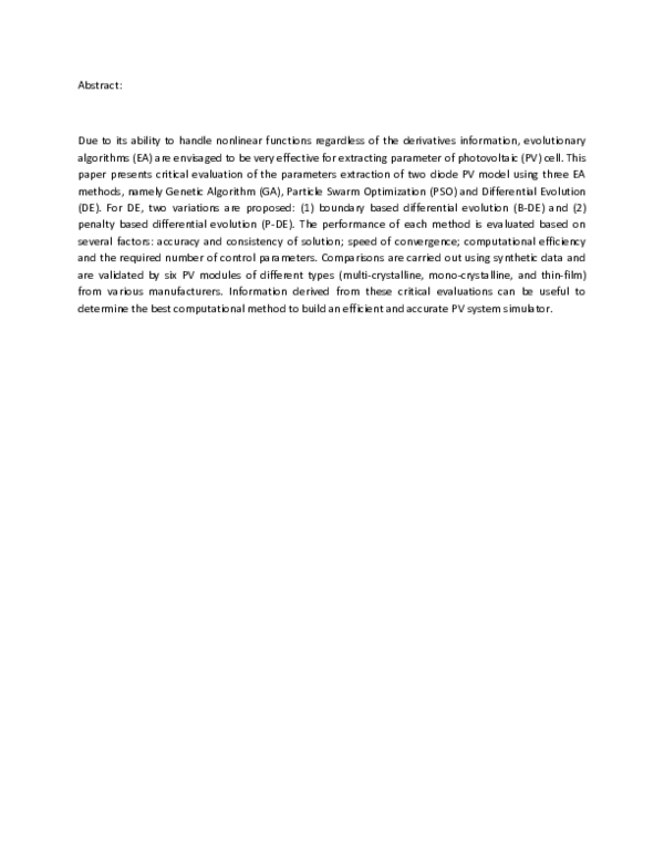 Pdf A Critical Evaluation Of Ea Computational Methods For Photovoltaic Cell Parameter