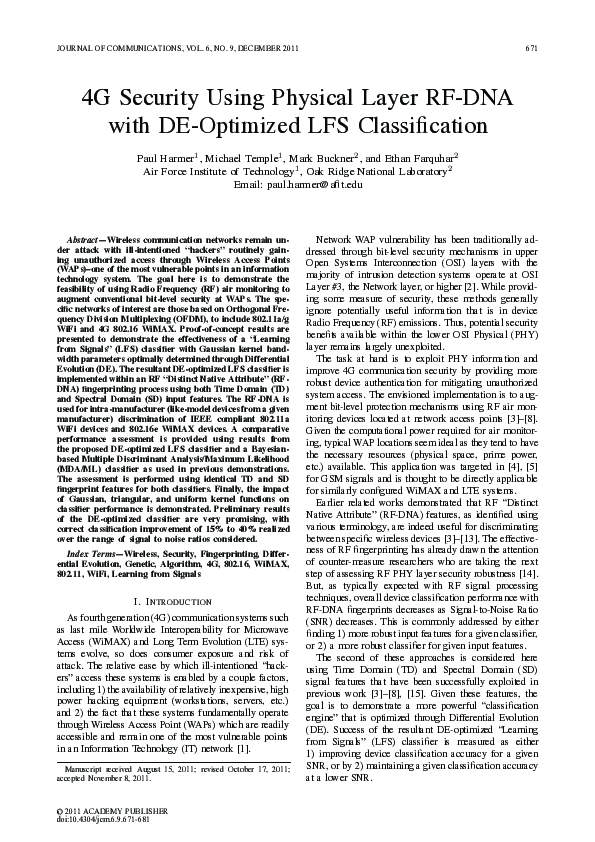 (PDF) 4G Security Using Physical Layer RF-DNA with DE-Optimized LFS Classification | Mark ...