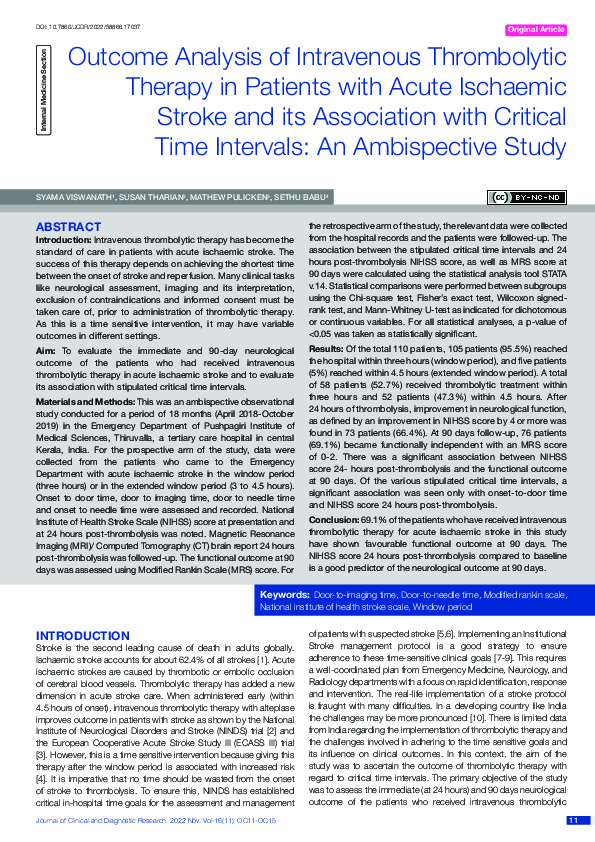 (PDF) Outcome Analysis of Intravenous Thrombolytic Therapy in Patients ...