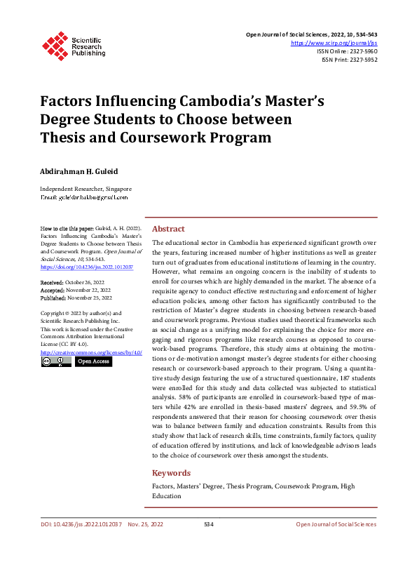 (PDF) Factors Influencing Cambodia's Master's Degree Students to Choose between Thesis and ...