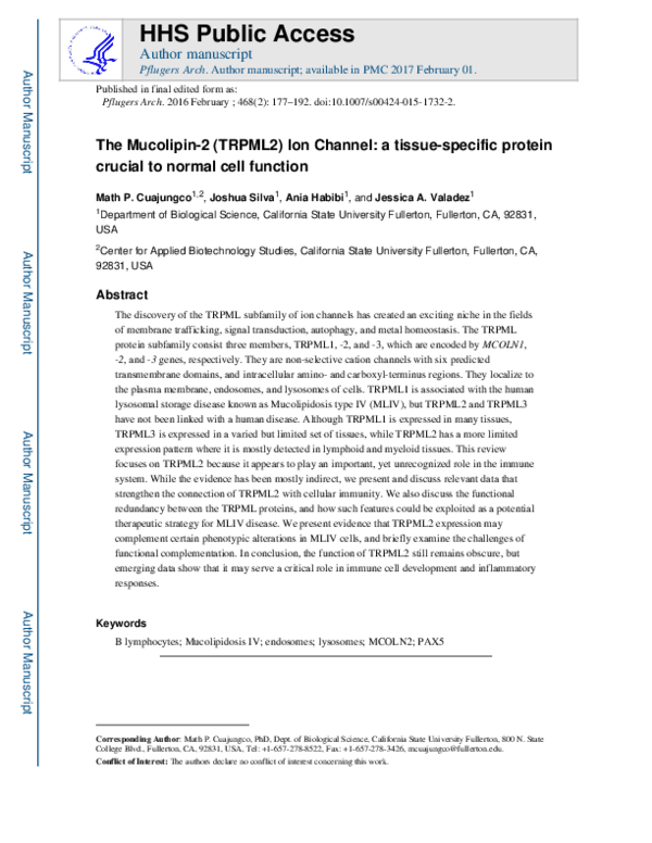 (PDF) The mucolipin-2 (TRPML2) ion channel: a tissue-specific protein ...