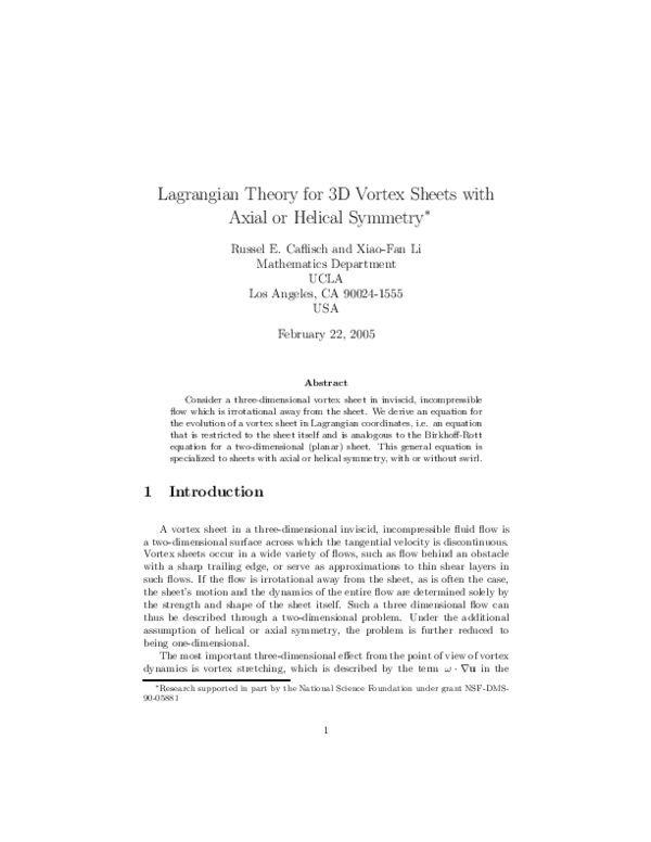 (PDF) Lagrangian theory for 3D vortex sheets with axial or helical symmetry