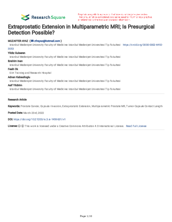 (PDF) Extraprostatic Extension in Multiparametric MRI; Is Presurgical ...