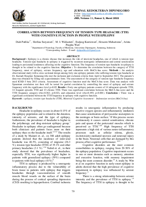 (PDF) Relationship Between Frequency Of Tension Type Headache (TTH) In Epilepsy With Cognitive ...