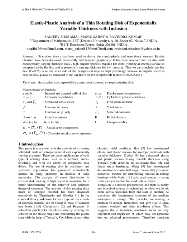 (PDF) Elastic-plastic analysis of a thin rotating disk of exponentially ...