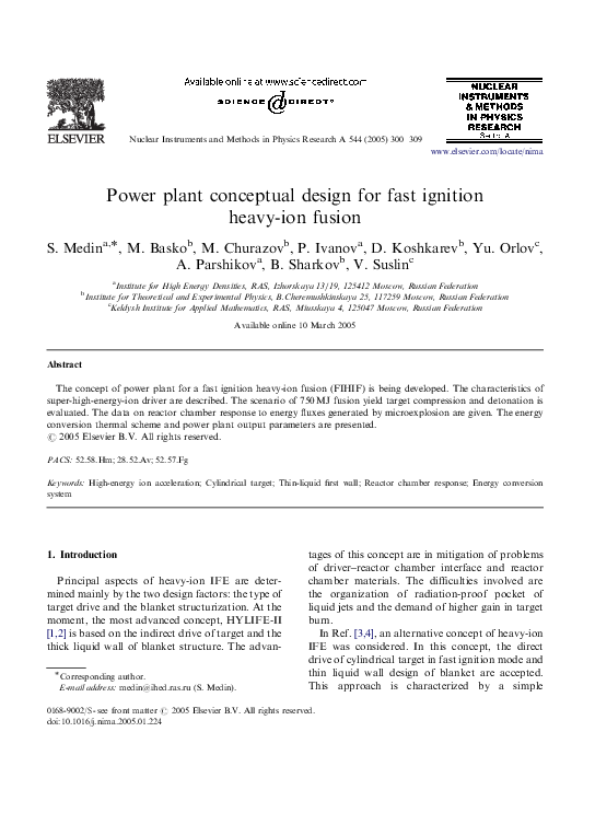 (PDF) Power plant conceptual design for fast ignition heavy-ion fusion