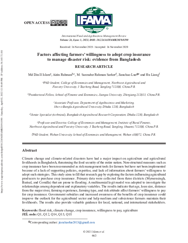 (PDF) Factors affecting farmers’ willingness to adopt crop insurance to manage disaster risk ...