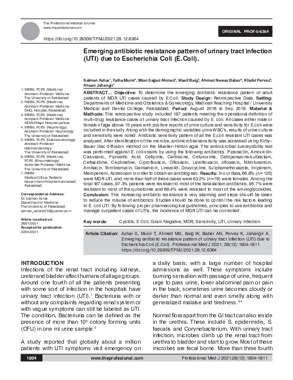 Pdf Emerging Antibiotic Resistance Pattern Of Urinary Tract Infection