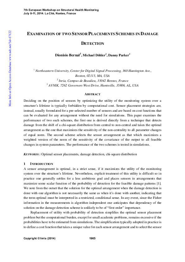 (PDF) Examination of Two Sensor Placements Schemes in Damage Detection | Dionisio Bernal ...