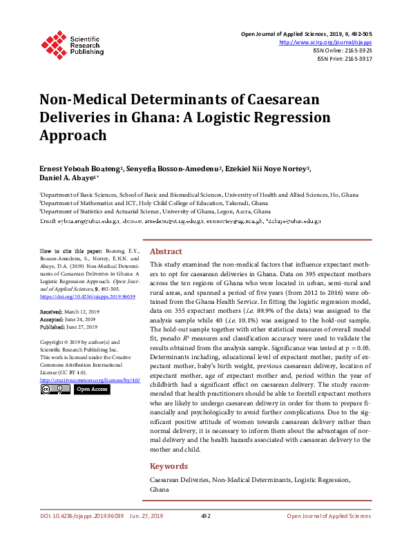 (PDF) Non-Medical Determinants of Caesarean Deliveries in Ghana: A Logistic Regression Approach ...