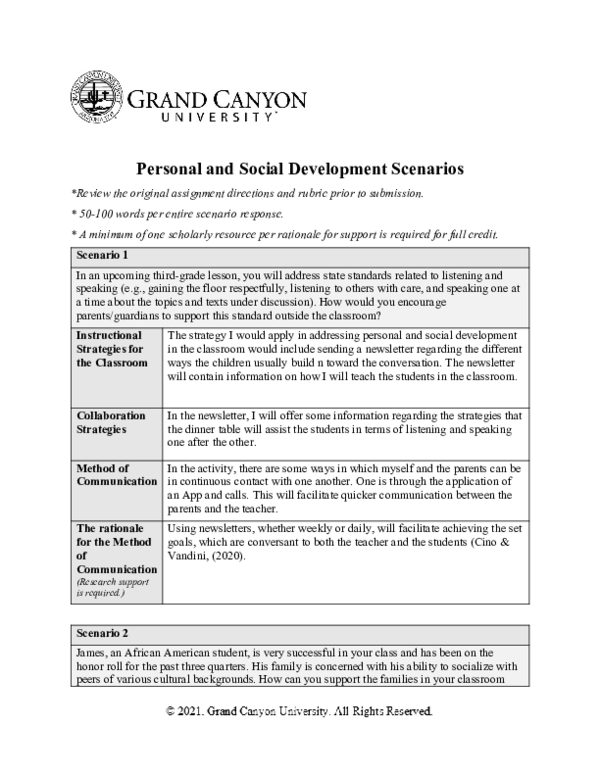 (DOC) Personal and Social Development Scenarios
