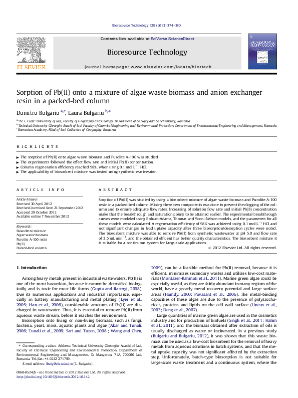 (PDF) Sorption of Pb(II) onto a mixture of algae waste biomass and anion exchanger resin in a ...