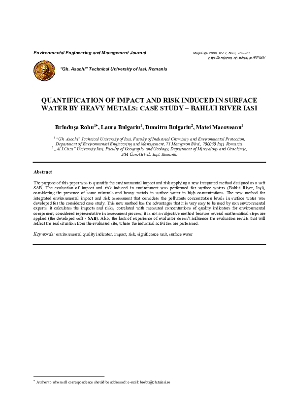 (PDF) Quantification of Impact and Risk Induced in Surface Water by ...