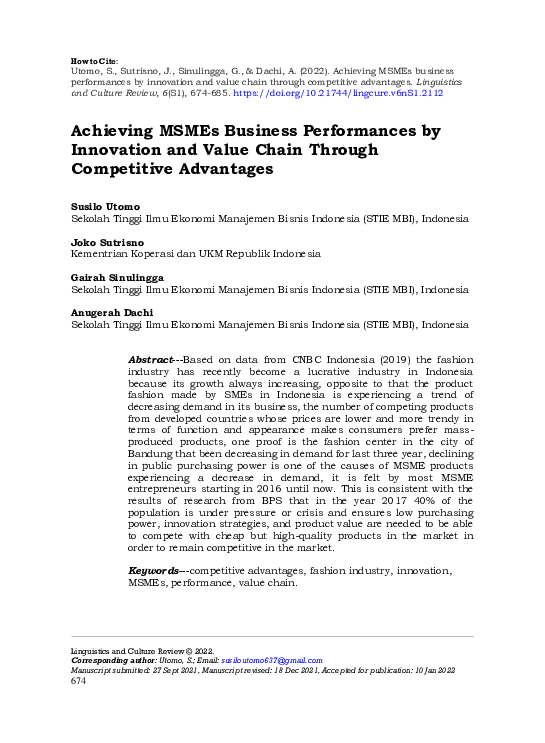 (PDF) Achieving MSMEs business performances by innovation and value chain through competitive ...