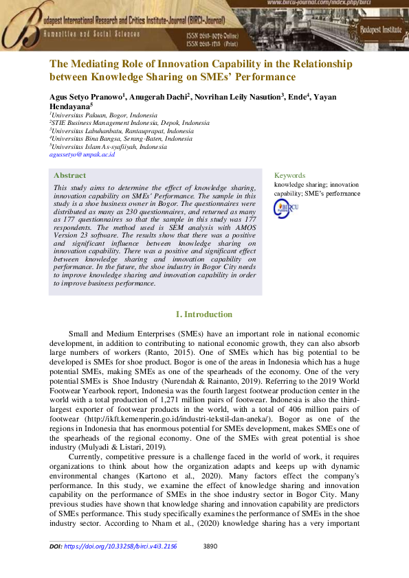 (PDF) The Mediating Role of Innovation Capability in the Relationship between Knowledge Sharing ...