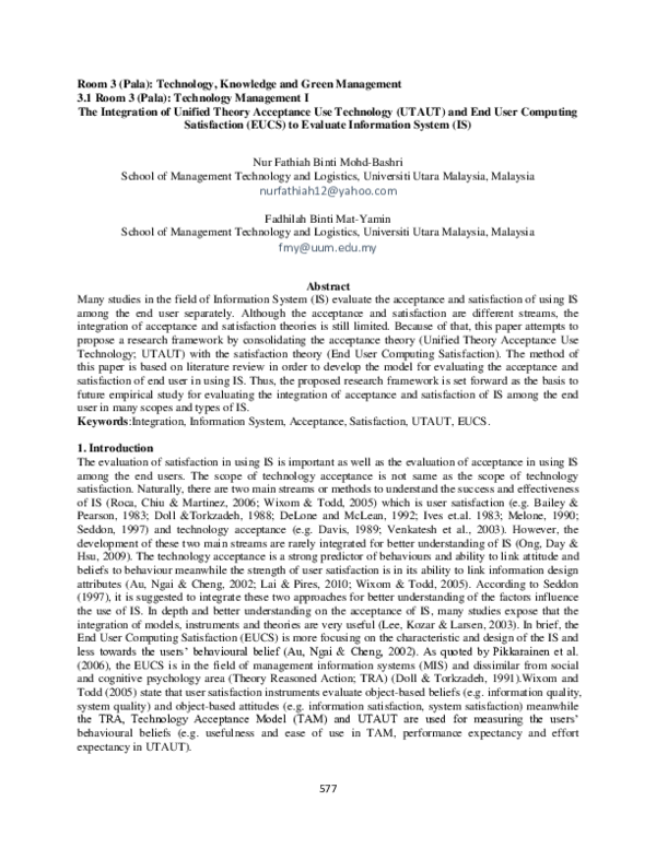 Pdf The Integration Of Unified Theory Acceptance Use Technology Utaut And End User Computing