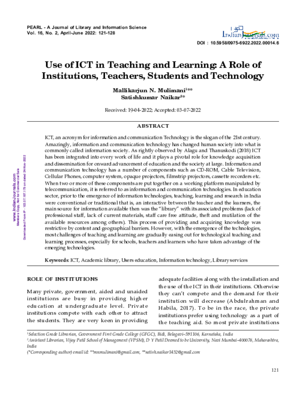 (PDF) Use of ICT in Teaching and Learning: A Role of Institutions ...