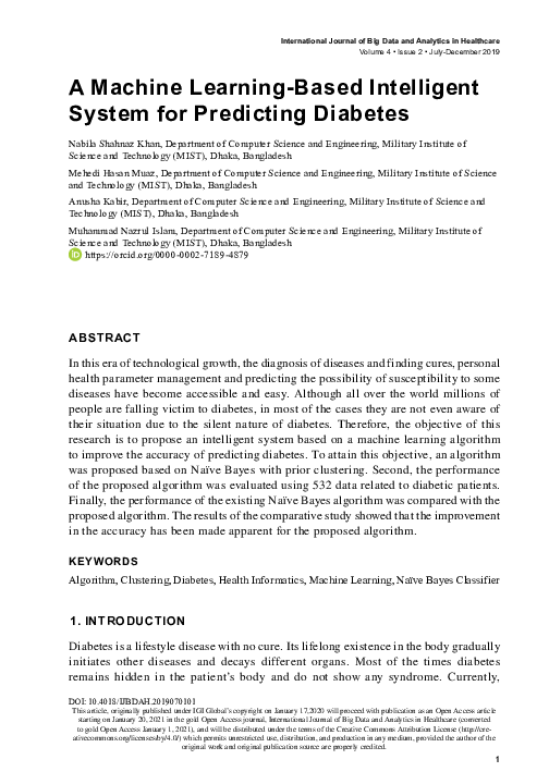 (PDF) A Machine Learning-Based Intelligent System for Predicting Diabetes