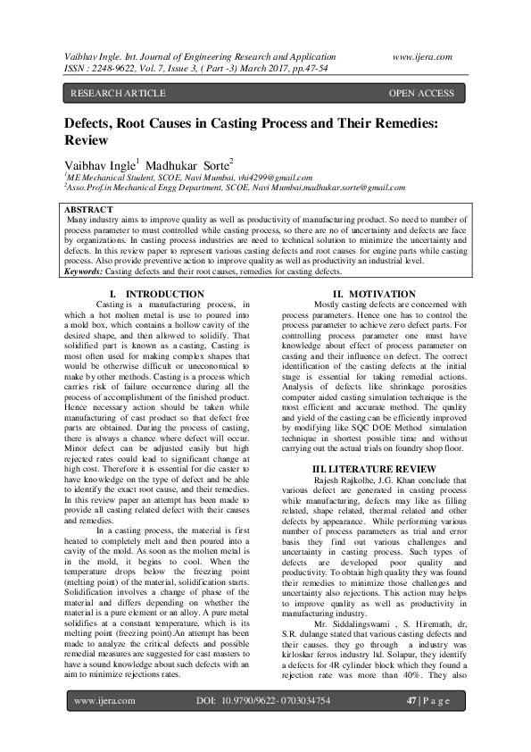 Pdf Defects Root Causes In Casting Process And Their Remedies Review
