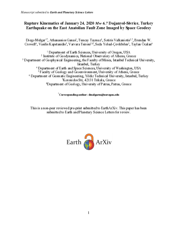 (PDF) Rupture Kinematics of January 24, 2020 Mw 6.7 Doğanyol-Sivrice ...
