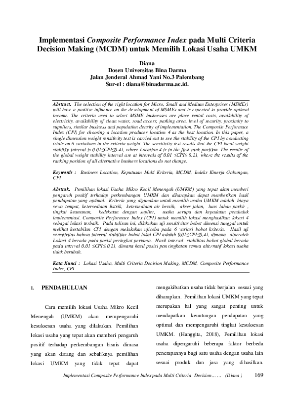 (PDF) Implementasi Composite Performance Index Pada Multi Criteria Decision Making (MCDM) Untuk ...