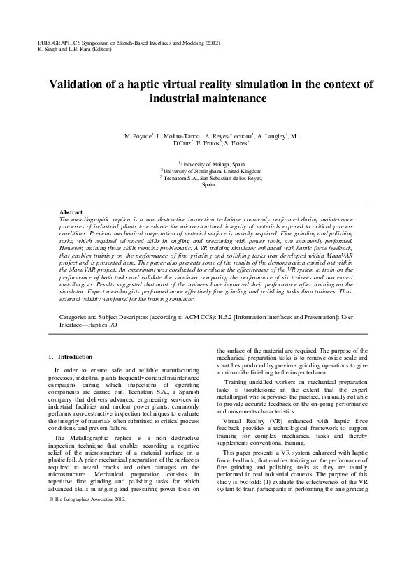 (PDF) Validation of a haptic virtual reality simulation in the context of industrial maintenance