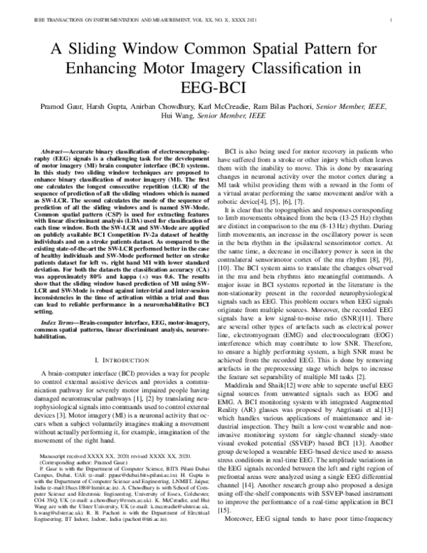 Pdf A Sliding Window Common Spatial Pattern For Enhancing Motor Imagery Classification In Eeg