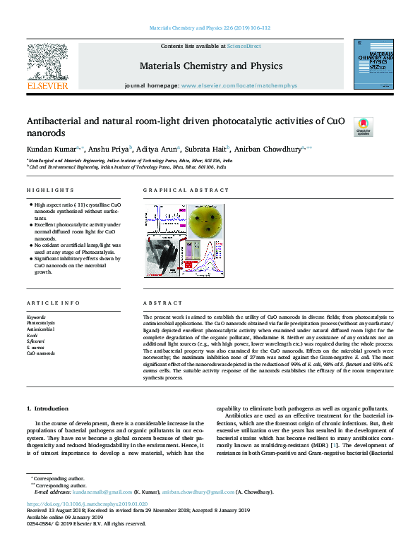 (PDF) Antibacterial and natural room-light driven photocatalytic activities of CuO nanorods