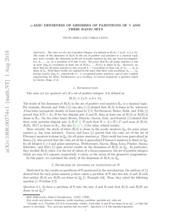 (PDF) p-adic denseness of members of partitions of N and their ratio sets