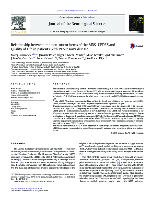 (PDF) Relationship between the non-motor items of the MDS-UPDRS and ...