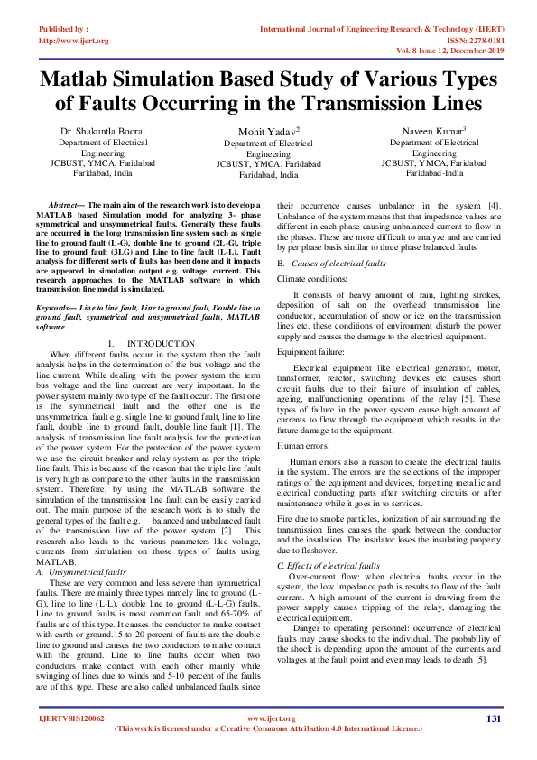 (PDF) Matlab Simulation Based Study of Various Types of Faults Occurring in the Transmission Lines