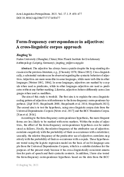 (PDF) Form-frequency correspondence in adjectives: A cross-linguistic corpus approach