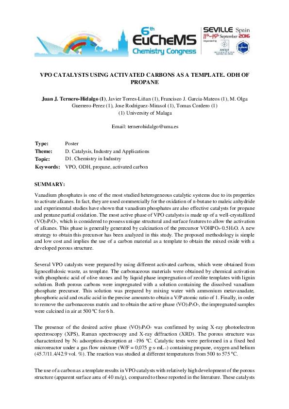 (PDF) VPO catalysts using activate carbons as template. ODH of propane