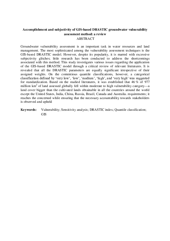 Pdf Accomplishment And Subjectivity Of Gis Based Drastic Groundwater Vulnerability Assessment