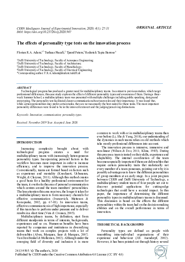 (PDF) The effects of personality type tests on innovation process