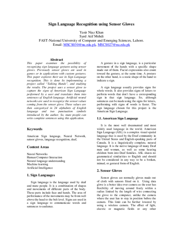 (PDF) Sign language recognition using sensor gloves