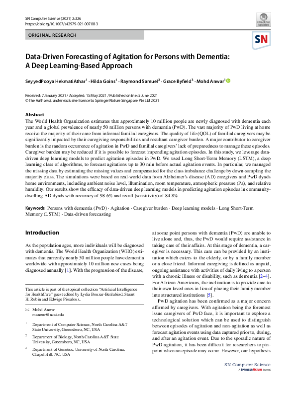 (PDF) Data-Driven Forecasting of Agitation for Persons with Dementia: A Deep Learning-Based Approach