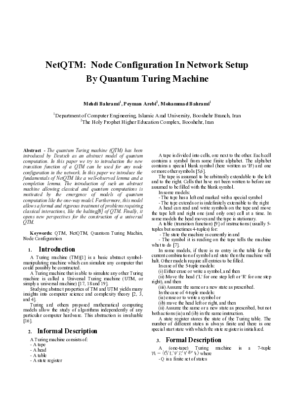 (PDF) NetQTM: Node Configuration In Network Setup By Quantum Turing Machine