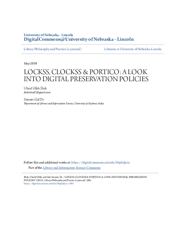 (PDF) Digital Preservation: LOCKSS, CLOCKSS, PORTICO