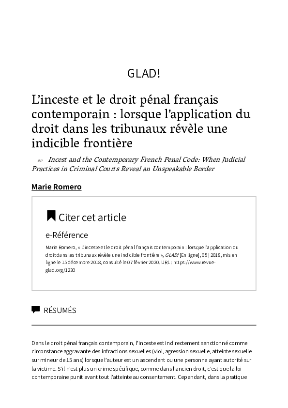 (PDF) Incest and the contemporary French penal code: when judicial ...