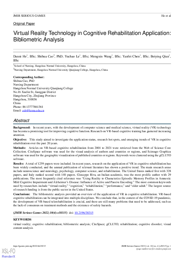 Pdf Virtual Reality Technology In Cognitive Rehabilitation Application Bibliometric Analysis