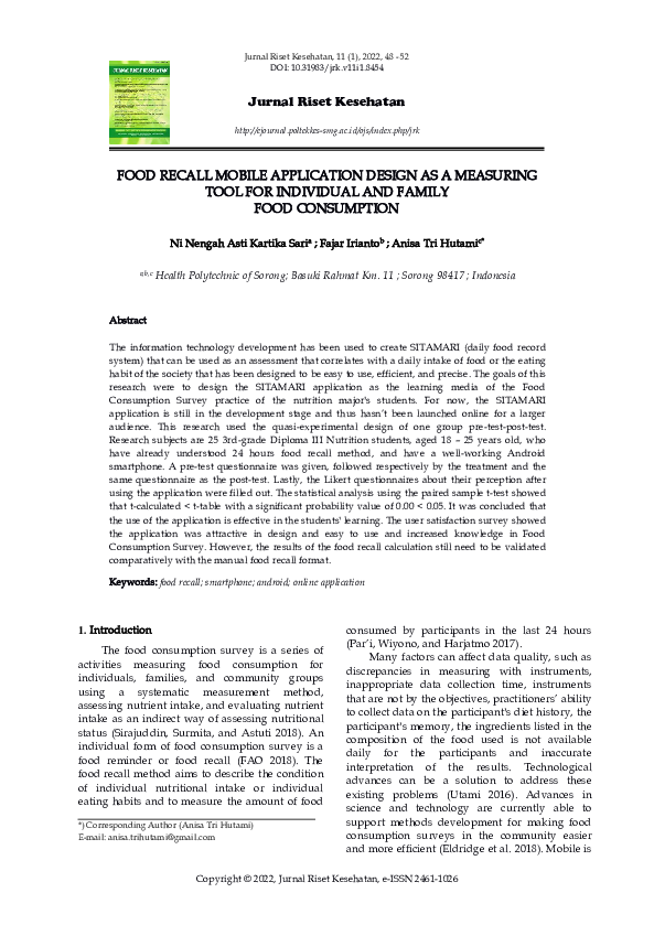 (PDF) Food Recall Mobile Application Design as a Measuring Tool for ...