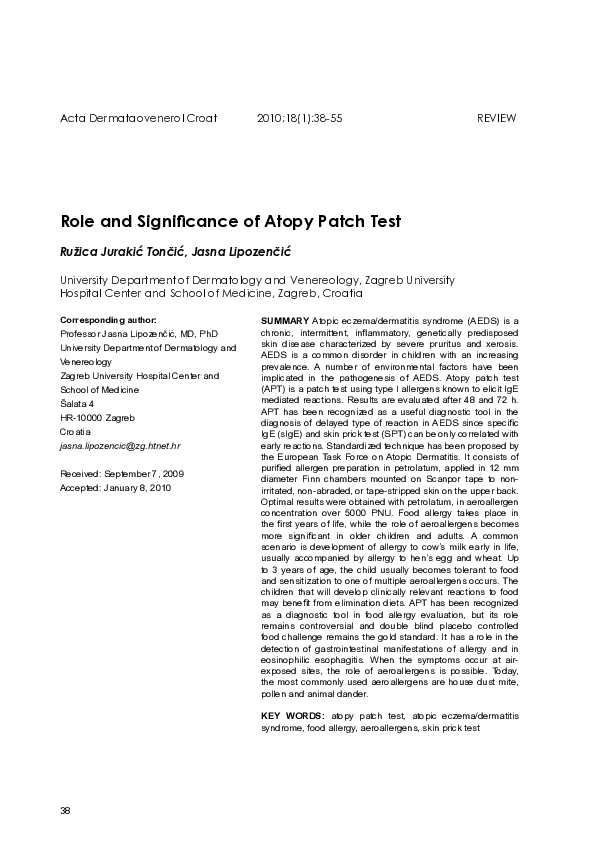 Pdf Role And Significance Of Atopy Patch Test