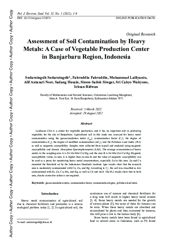 (PDF) Assessment of Soil Contamination by Heavy Metals: A Case of Vegetable Production Center in ...