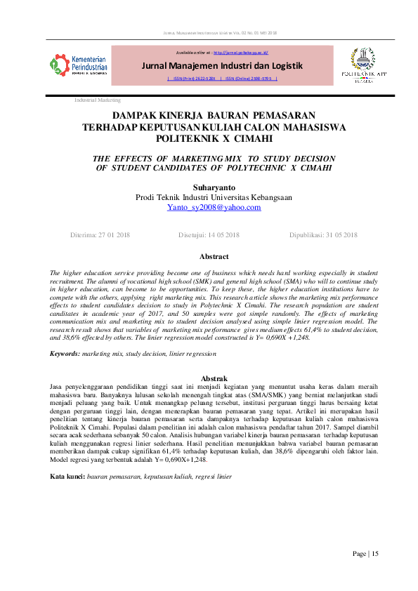 (PDF) Dampak Kinerja Bauran Pemasaran Terhadap Keputusan Kuliah Calon Mahasiswa Politeknik X Cimahi