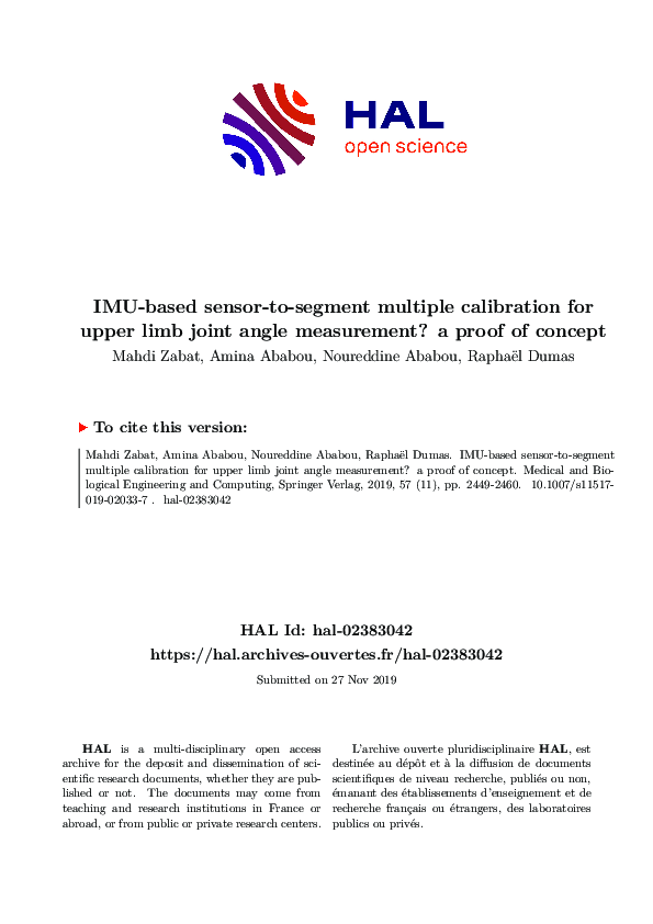 Pdf Imu Based Sensor To Segment Multiple Calibration For Upper Limb