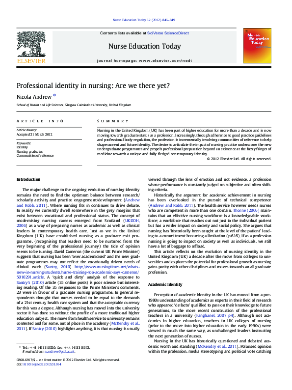 (PDF) Professional identity in nursing: Are we there yet? | Nicola ...