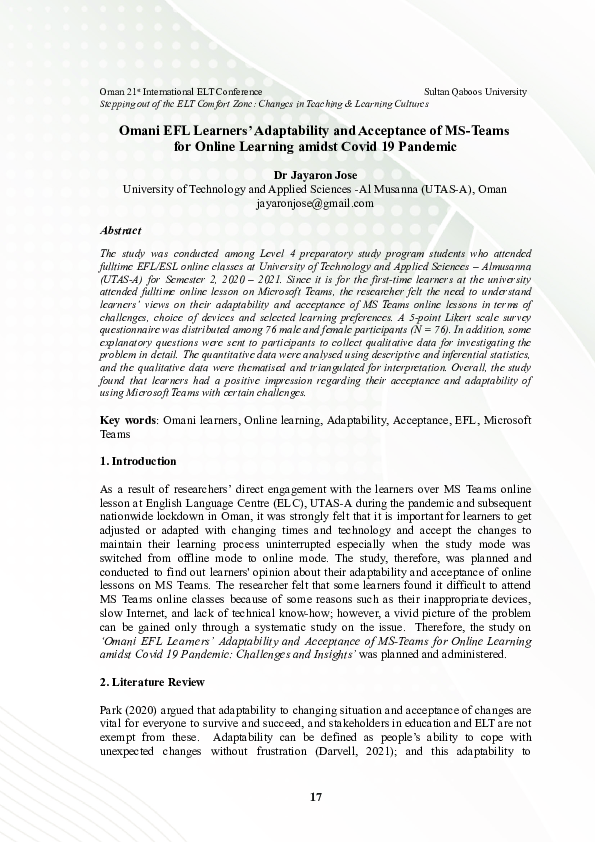 (PDF) Omani EFL Learners' Adaptability and Acceptance of MS-Teams for Online Learning amidst ...